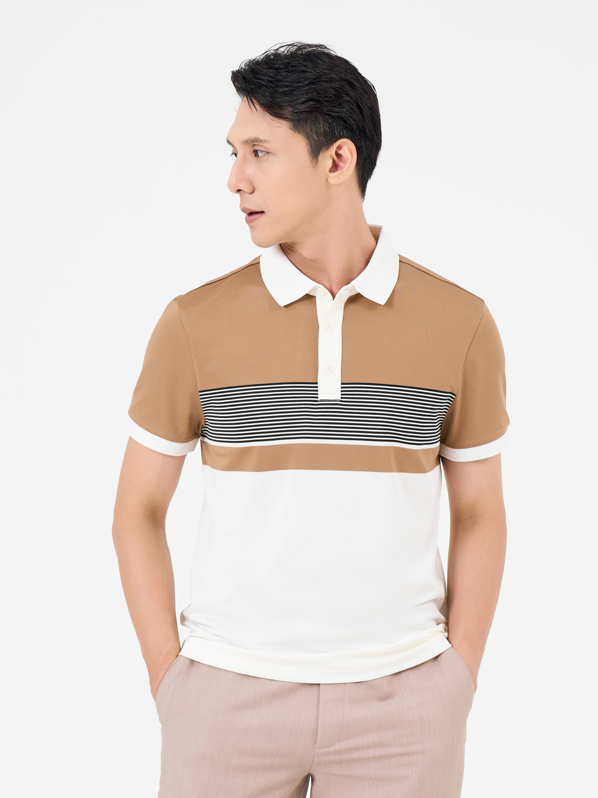 Polo Nam Pique Dệt Kẻ Trắng Nâu | YODY